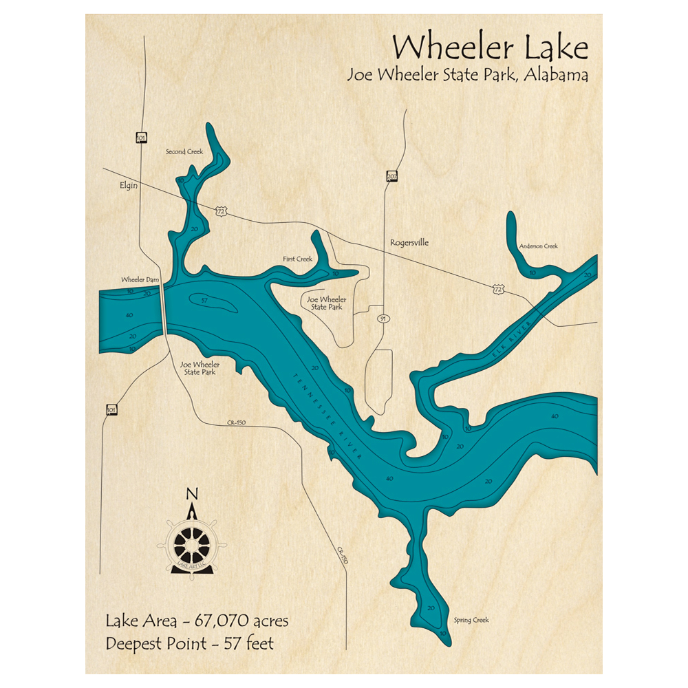 Joe Wheeler Reservoir, Alabama 3D Custom Wood Map – Lake Art LLC