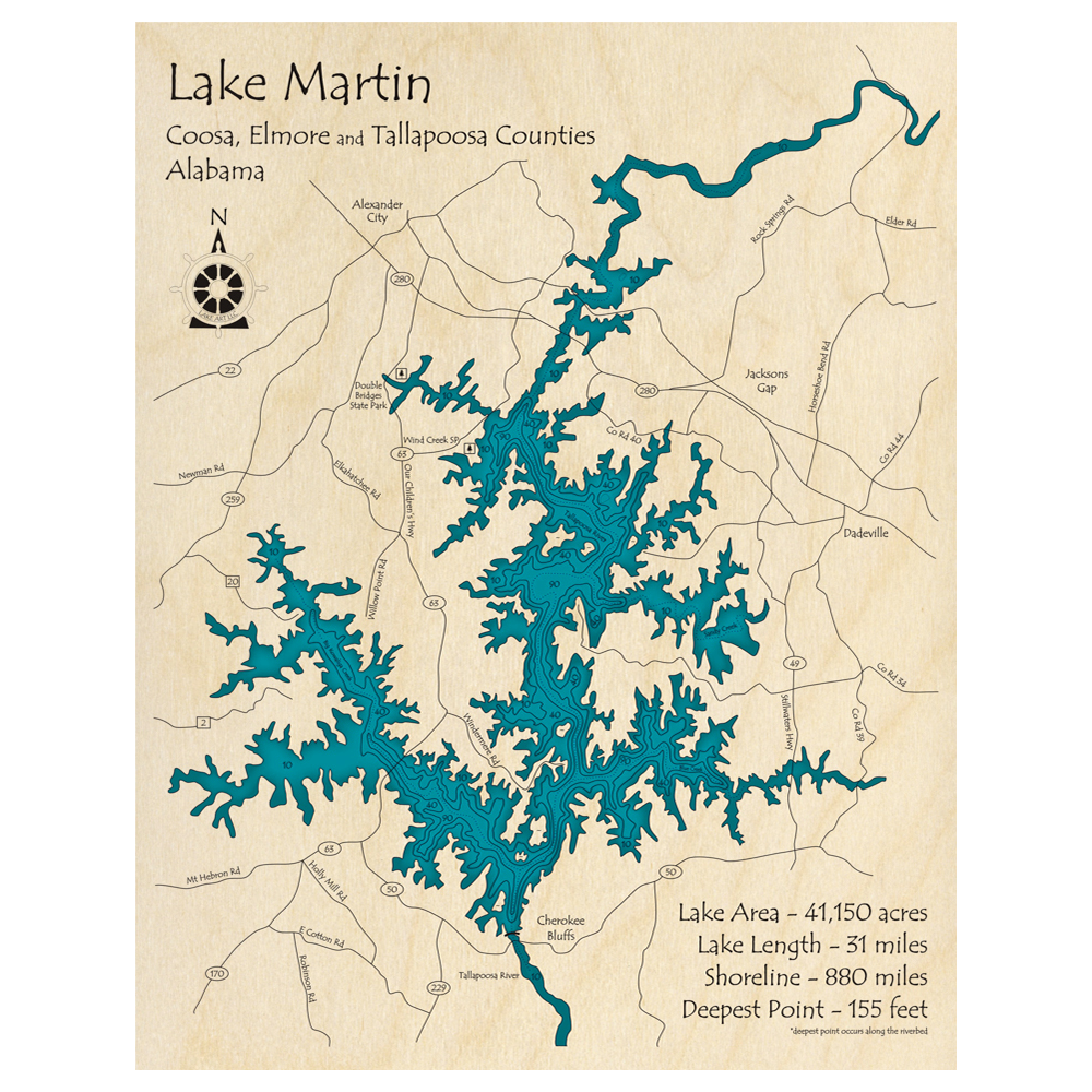 Lake Martin, Alabama 3D Custom Wood Map – Lake Art LLC
