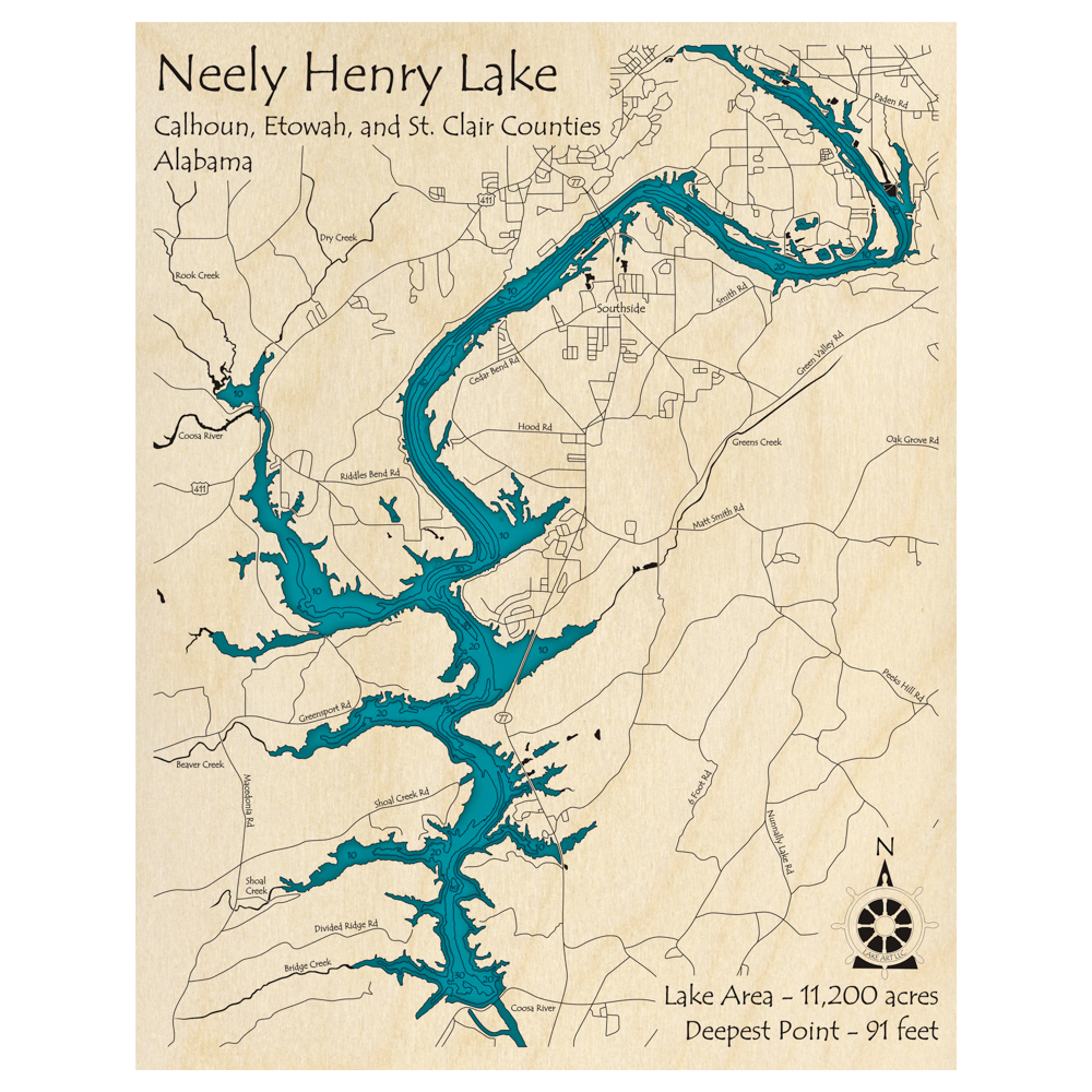 Neely Henry Lake, Alabama 3D Custom Wood Map – Lake Art LLC