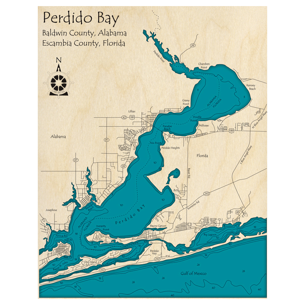 Perdido Bay (AL, FL) 3D Custom Wood Map – Lake Art LLC