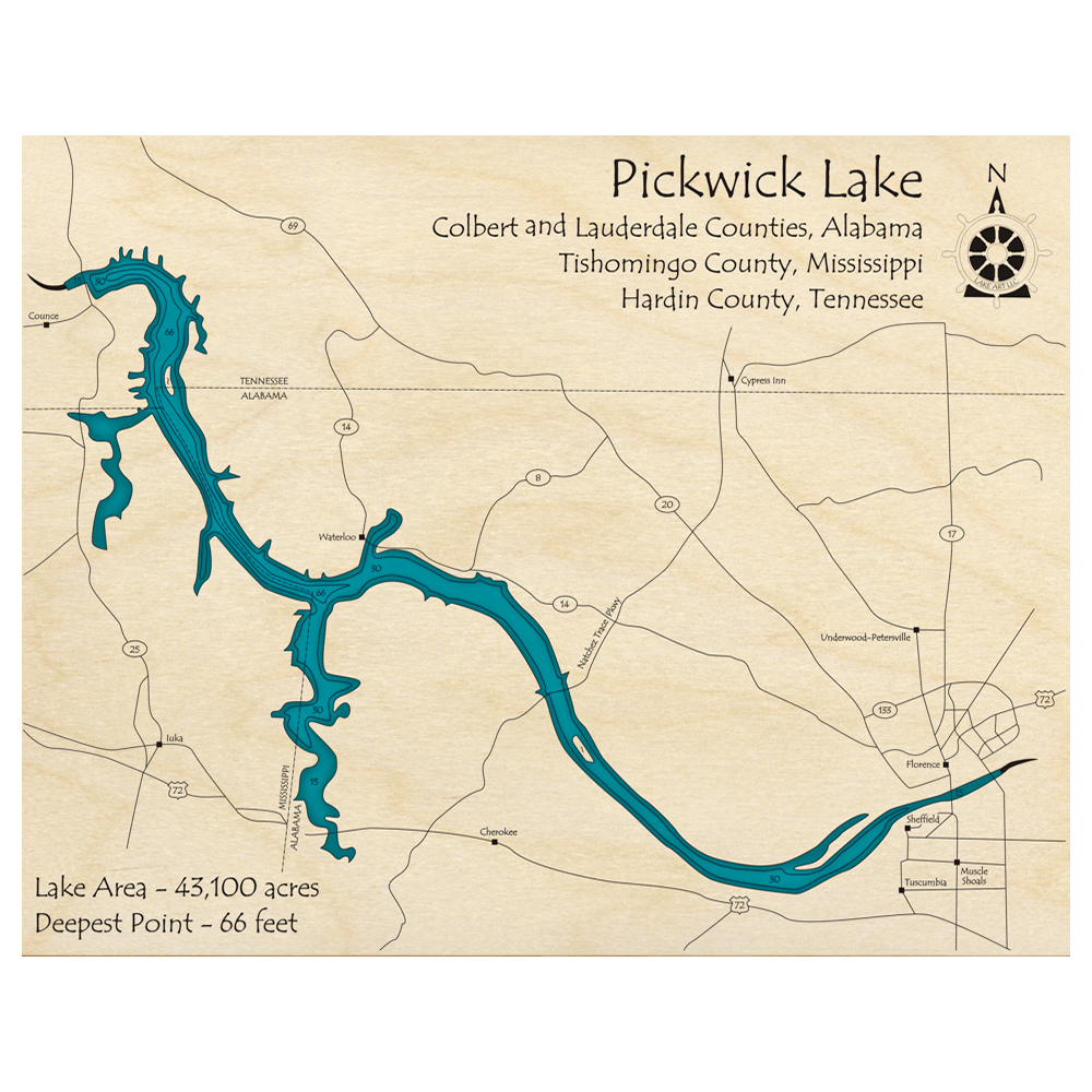 Pickwick Lake (AL, MS, TN) 3D Custom Wood Map – Lake Art LLC