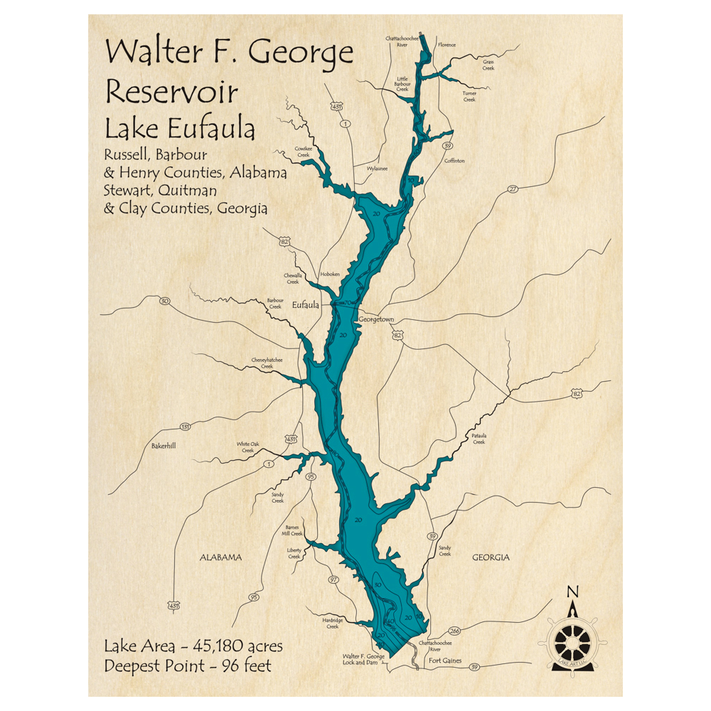 Walter F George Reservoir (AL, GA) 3D Custom Wood Map – Lake Art LLC