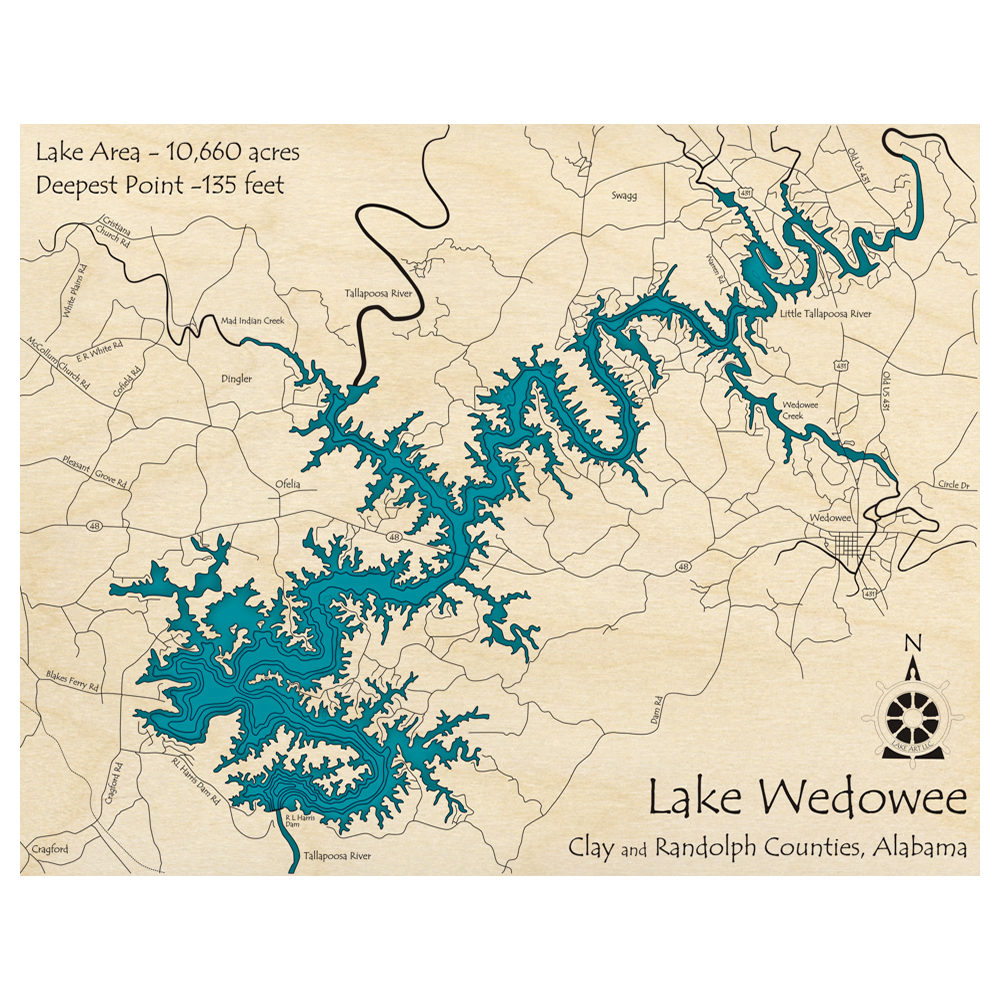 Lake Wedowee, Alabama 3D Custom Wood Map – Lake Art LLC