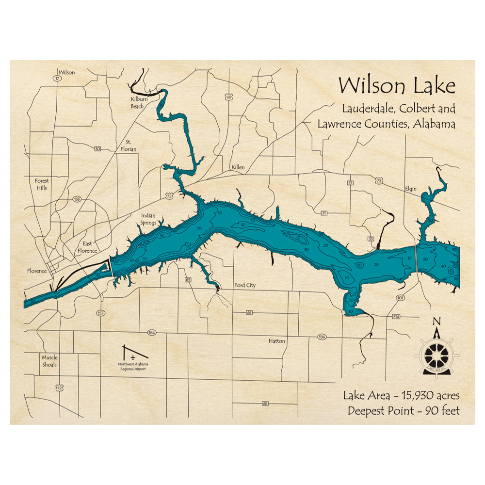 Wilson Lake, Alabama 3D Custom Wood Map – Lake Art LLC