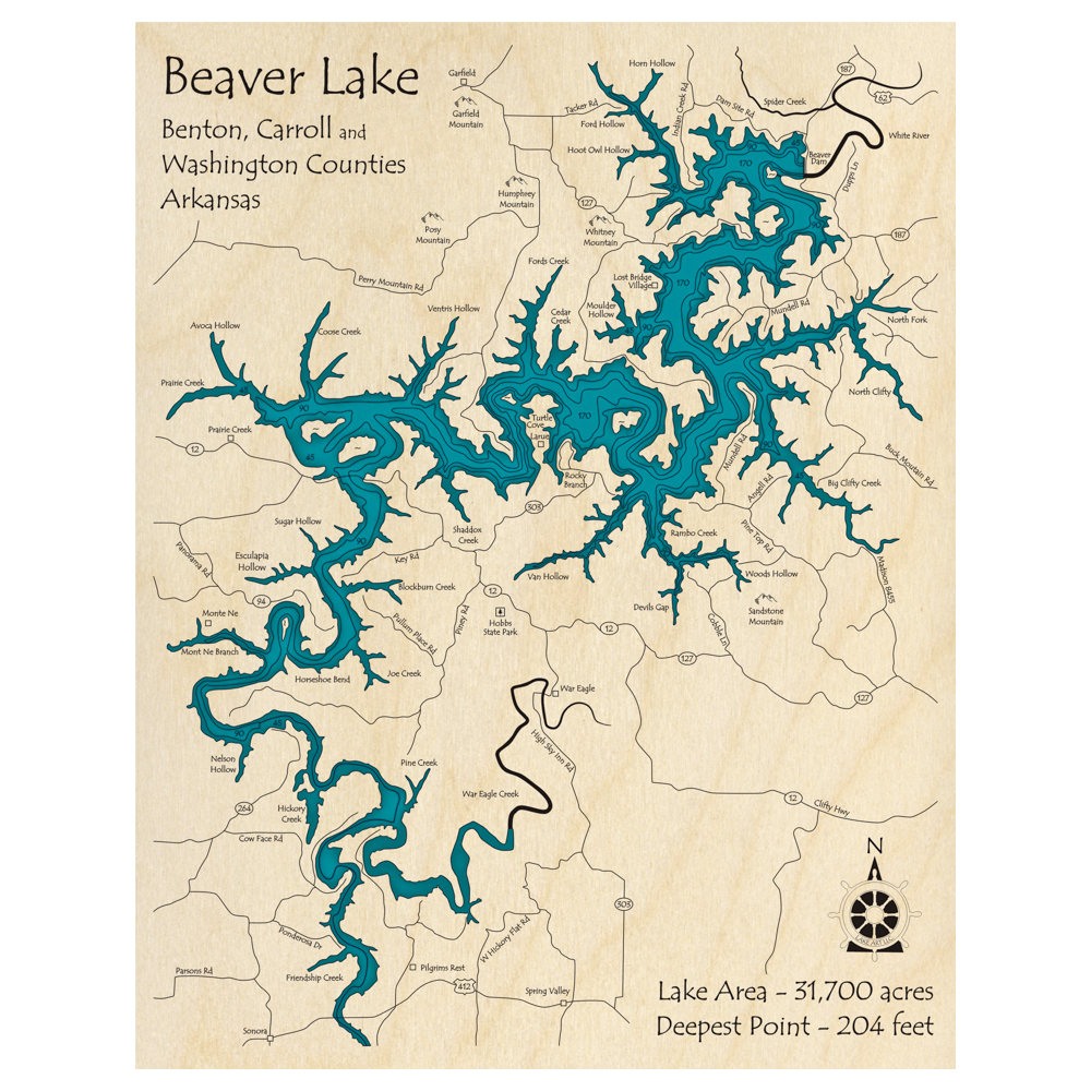 Beaver Lake, Arkansas 3D Custom Wood Map – Lake Art LLC