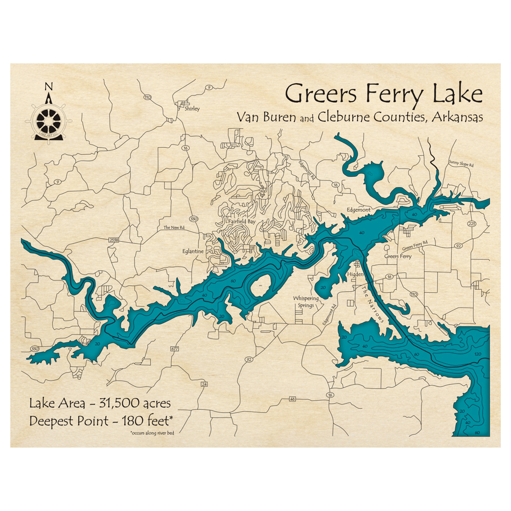 Greers Ferry Lake, Arkansas 3D Custom Wood Map – Lake Art LLC