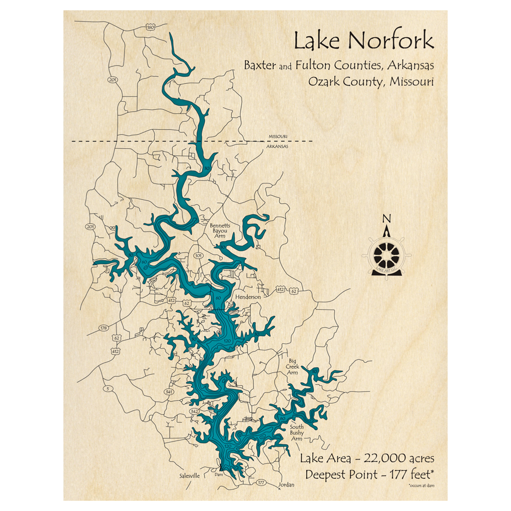 Lake Norfork (AR, MO) 3D Custom Wood Map – Lake Art LLC