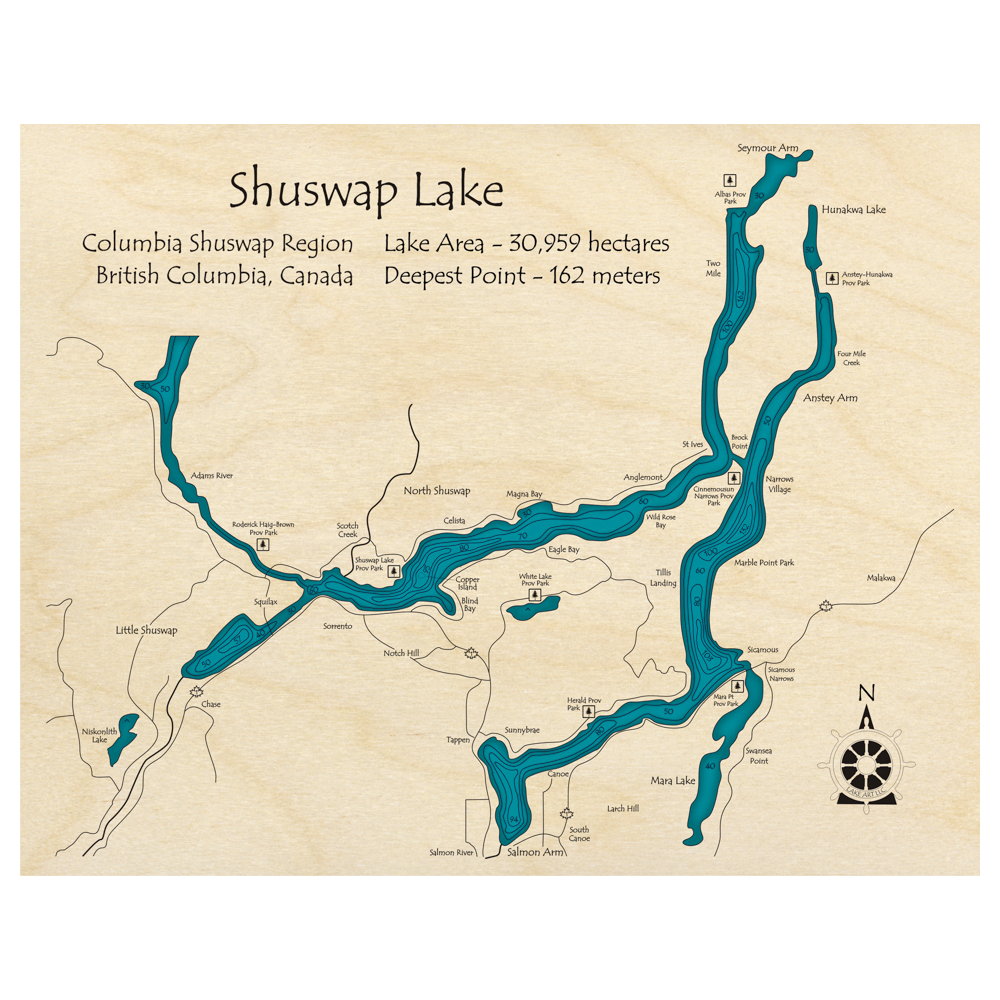 Shuswap Lake, British Columbia 3D Custom Wood Map – Lake Art LLC