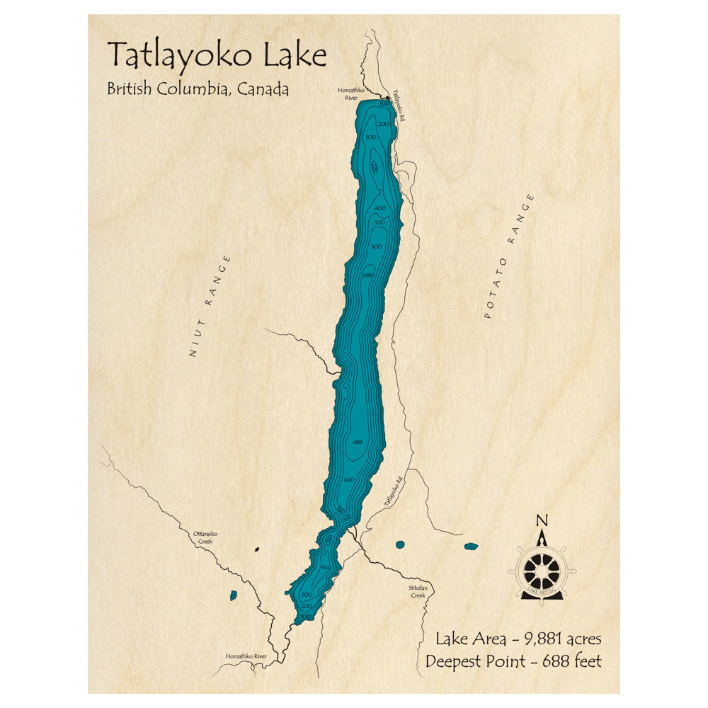 Tatlayoko Lake, British Columbia 3D Custom Wood Map – Lake Art LLC