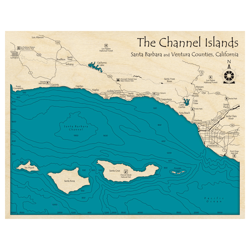 Channel Islands and Santa Barbara Coast, California 3D Custom Wood Map ...