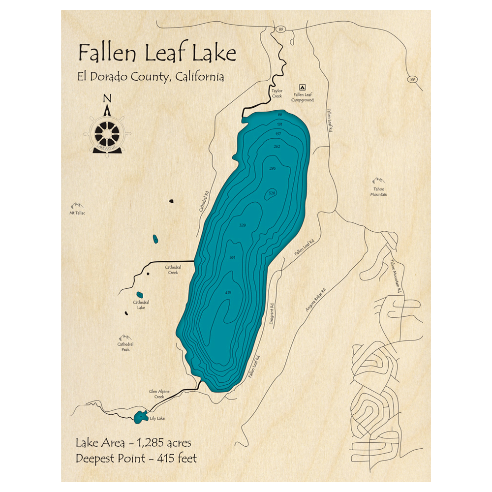 Fallen Leaf Lake, California 3D Custom Wood Map – Lake Art LLC