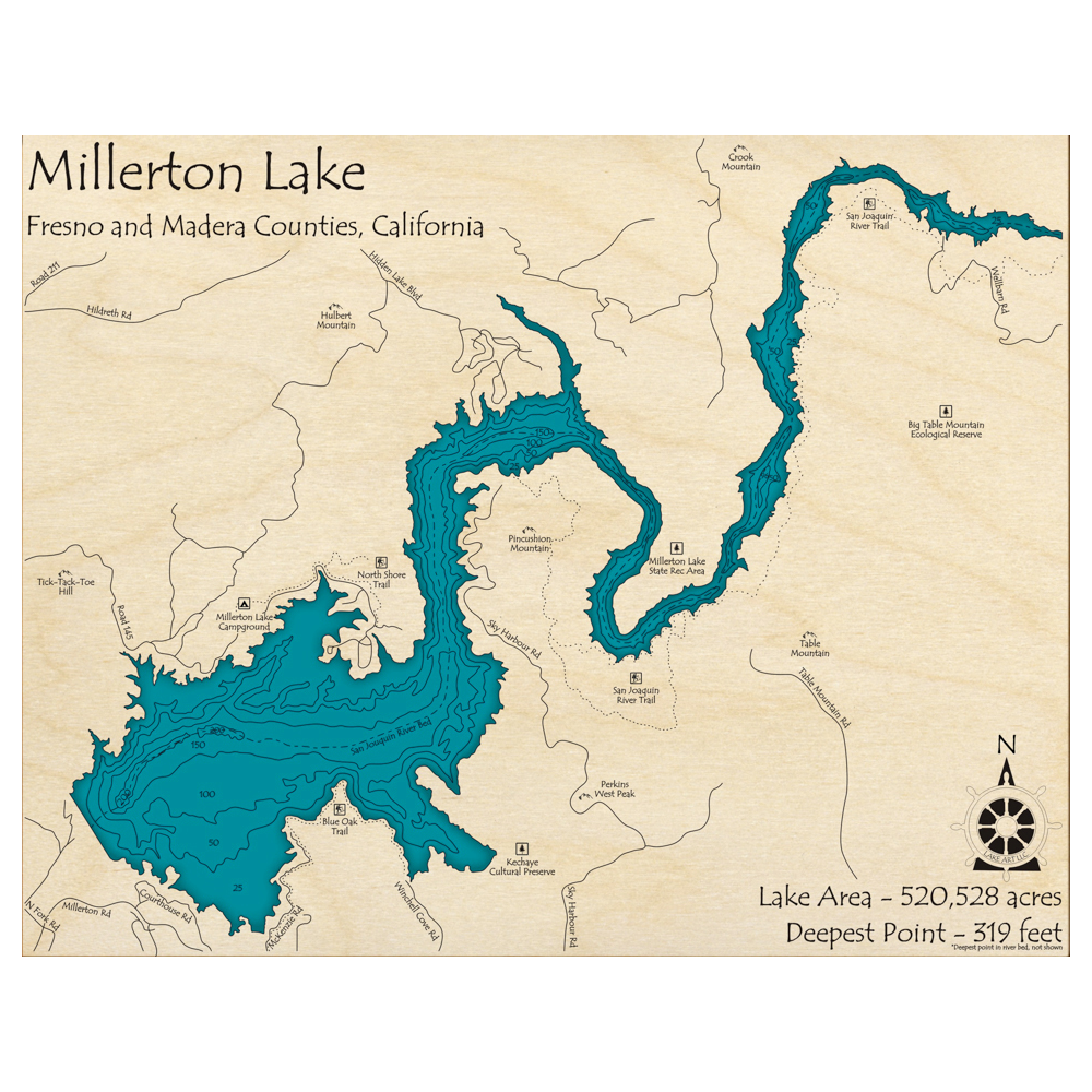 Millerton Lake, California 3D Custom Wood Map – Lake Art LLC