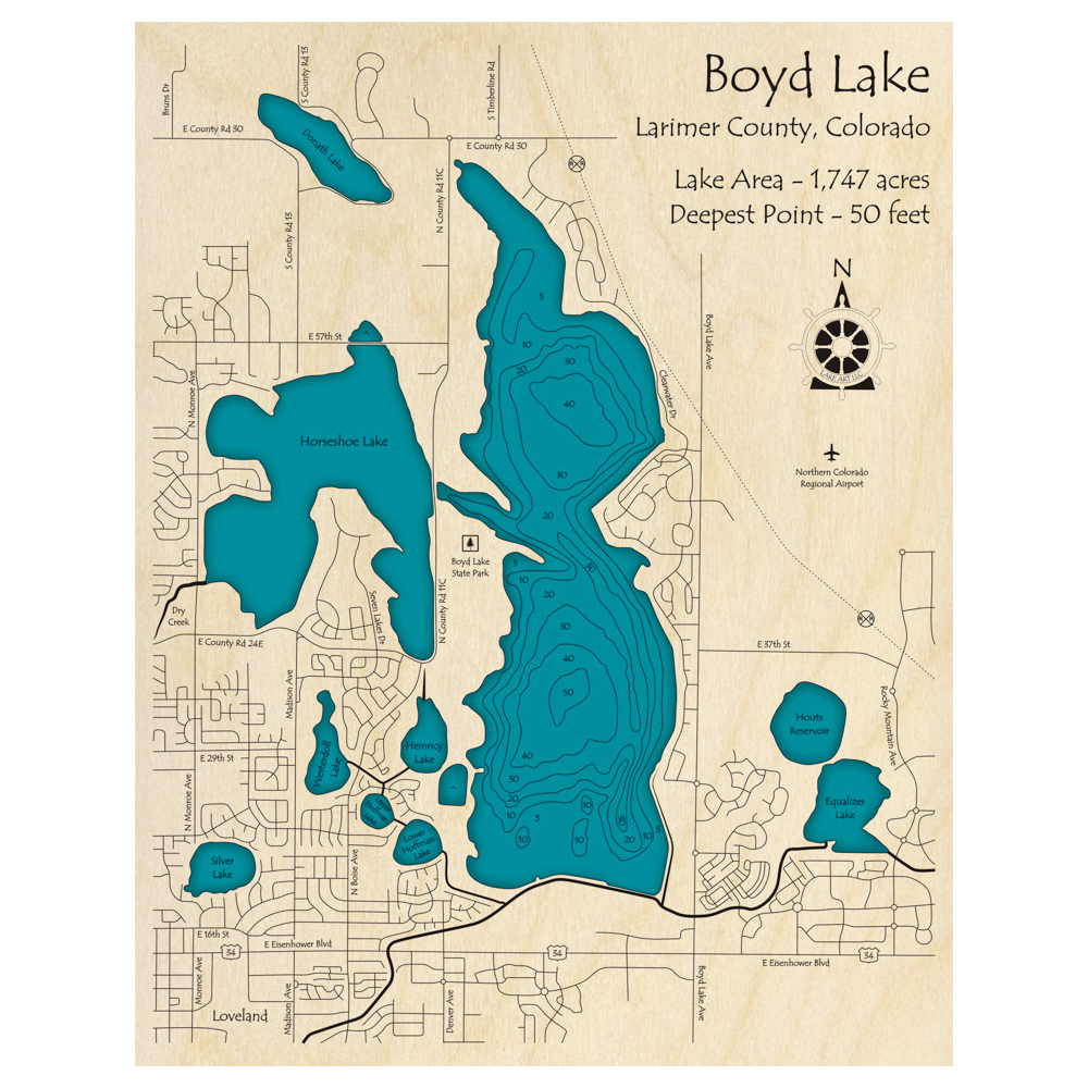 Boyd Lake, Colorado 3D Custom Wood Map – Lake Art LLC