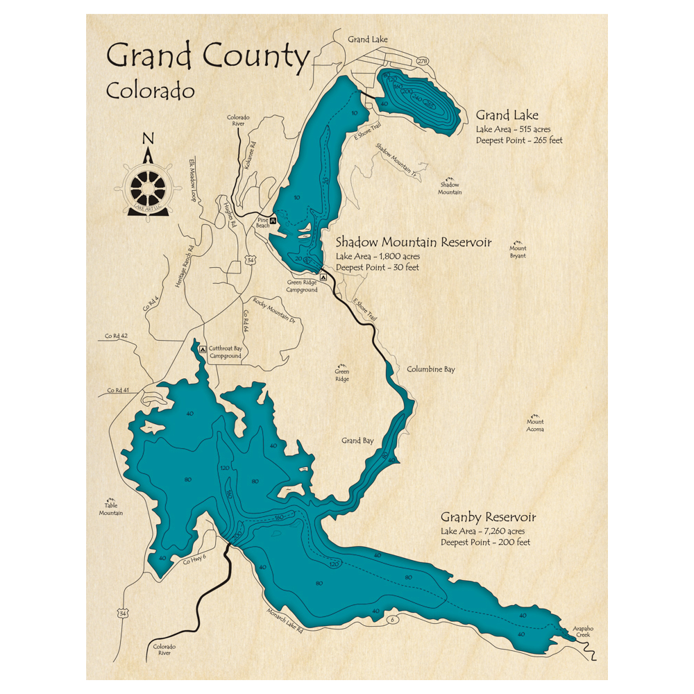 Grand County Lakes, Colorado 3D Custom Wood Map – Lake Art LLC