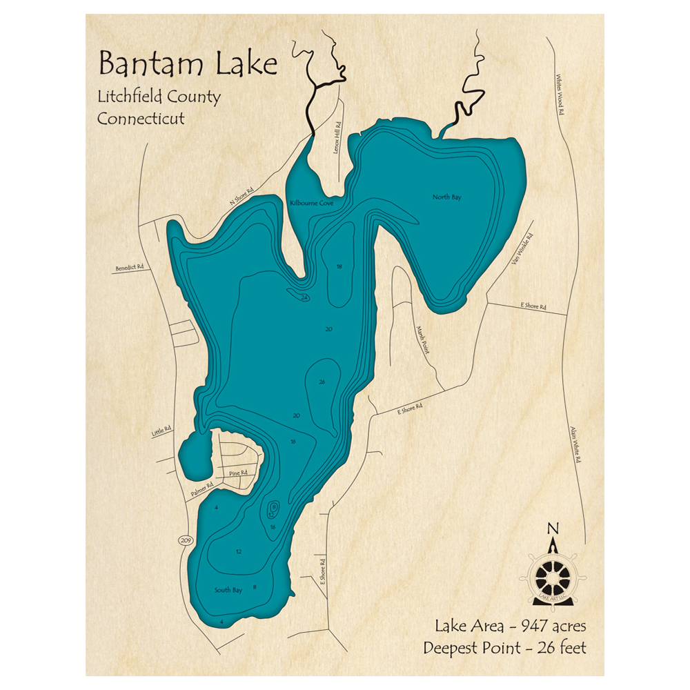 Bantam Lake, Connecticut 3D Custom Wood Map – Lake Art LLC