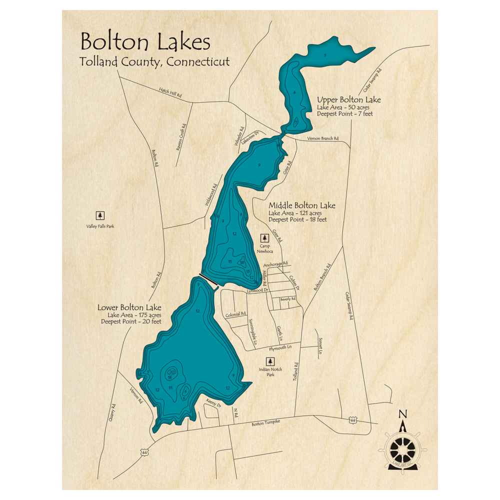 Bolton Lakes, Connecticut 3D Custom Wood Map – Lake Art LLC