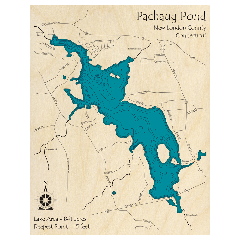 Pachaug Pond, Connecticut 3D Custom Wood Map – Lake Art LLC