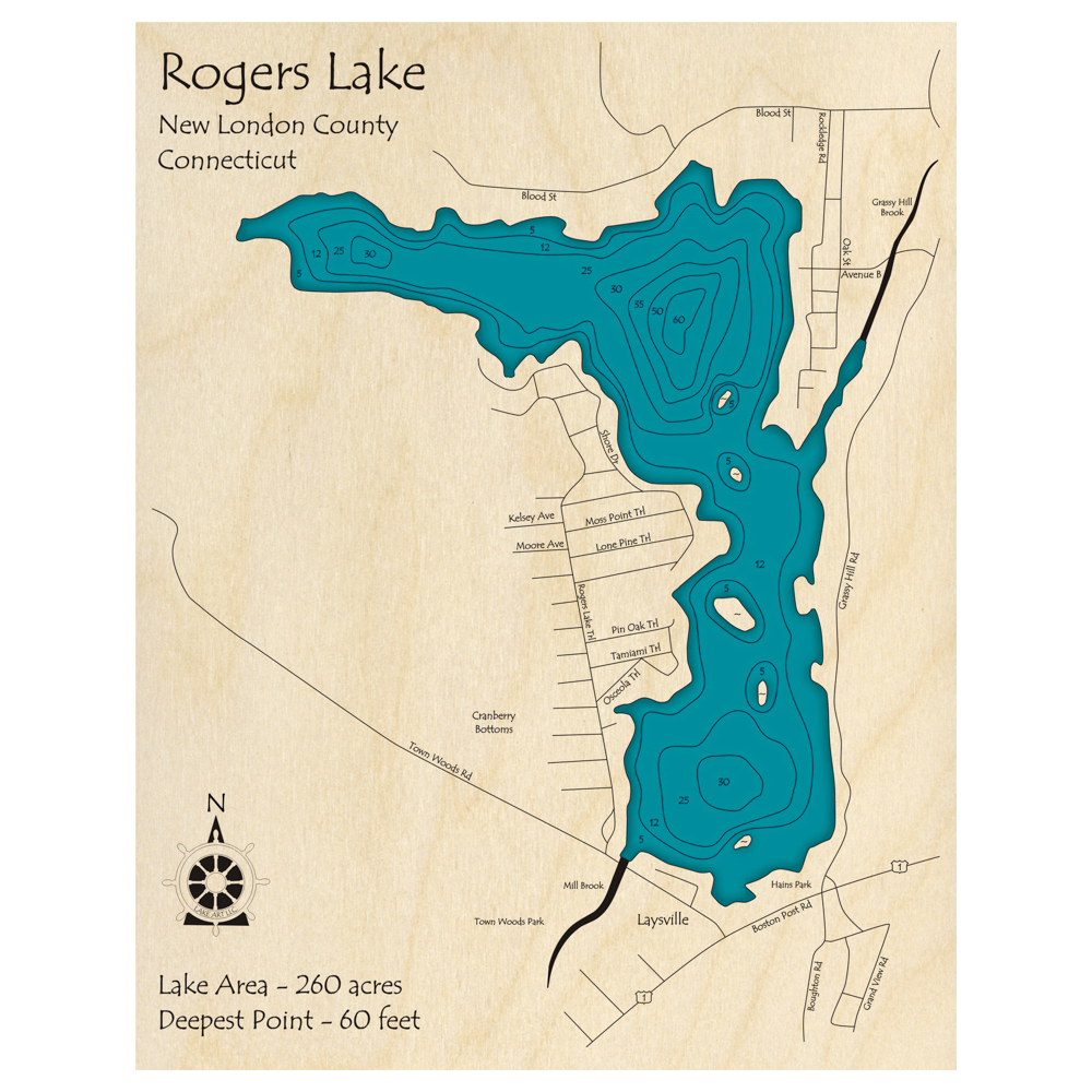 Rogers Lake, Connecticut 3D Custom Wood Map – Lake Art LLC