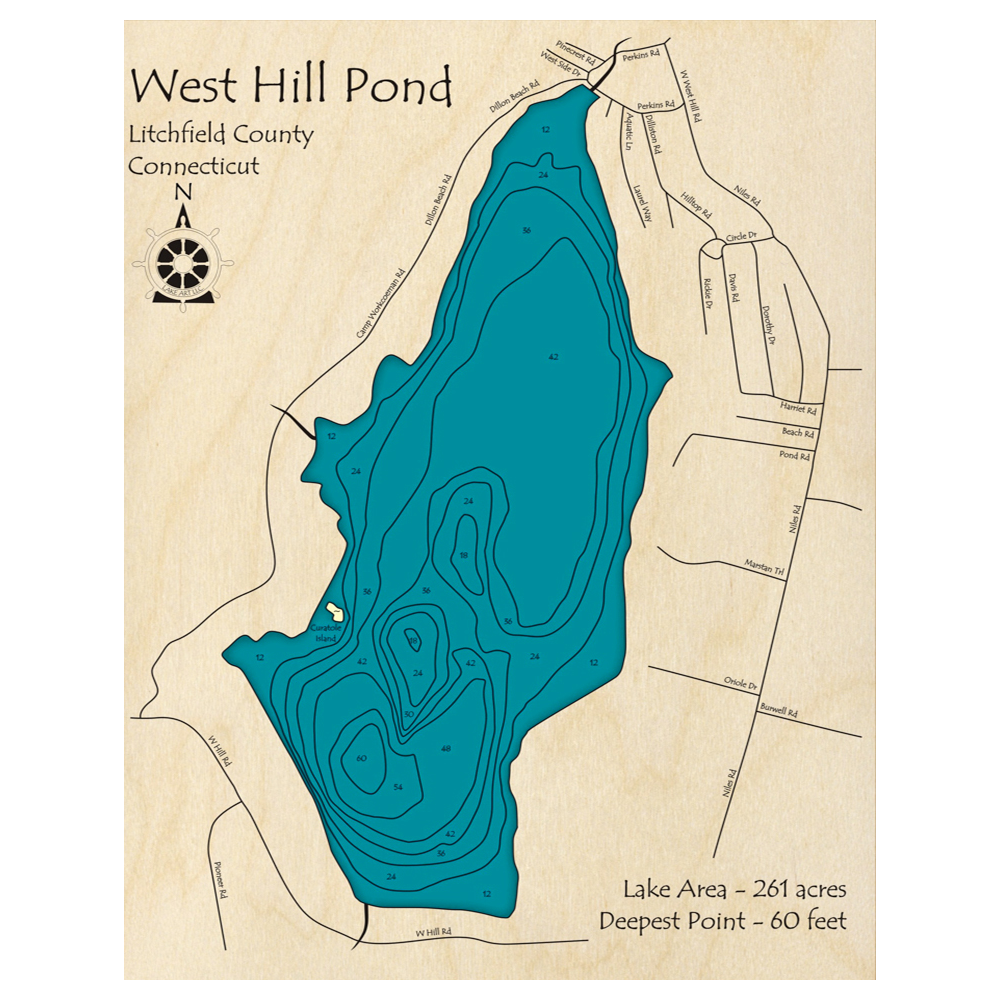 West Hill Pond, Connecticut 3D Custom Wood Map – Lake Art LLC