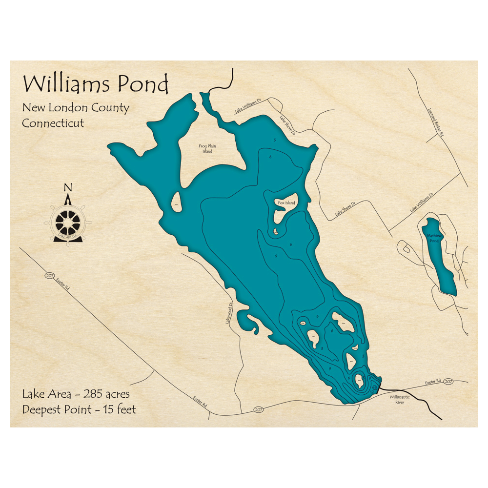 Williams Pond, Connecticut 3D Custom Wood Map – Lake Art LLC