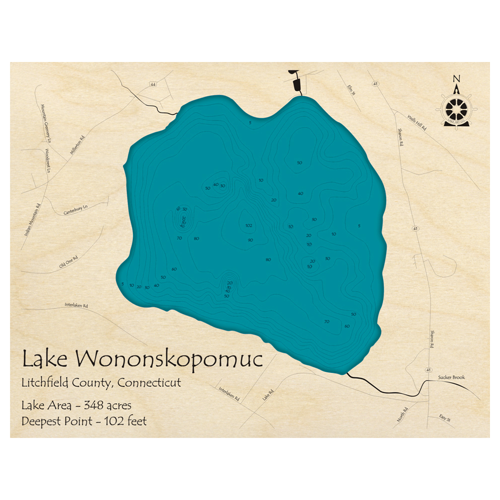Lake Wononskopomuc, Connecticut 3D Custom Wood Map – Lake Art LLC