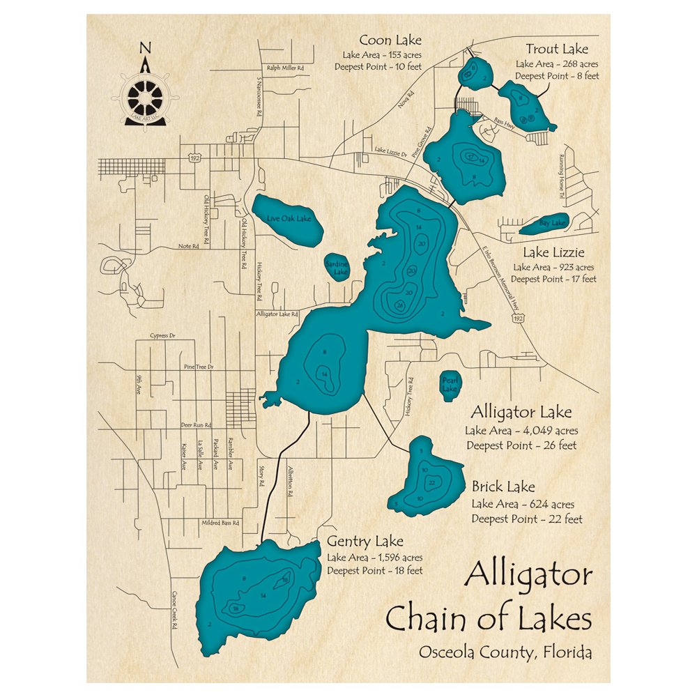Alligator Chain, Florida 3D Custom Wood Map – Lake Art LLC