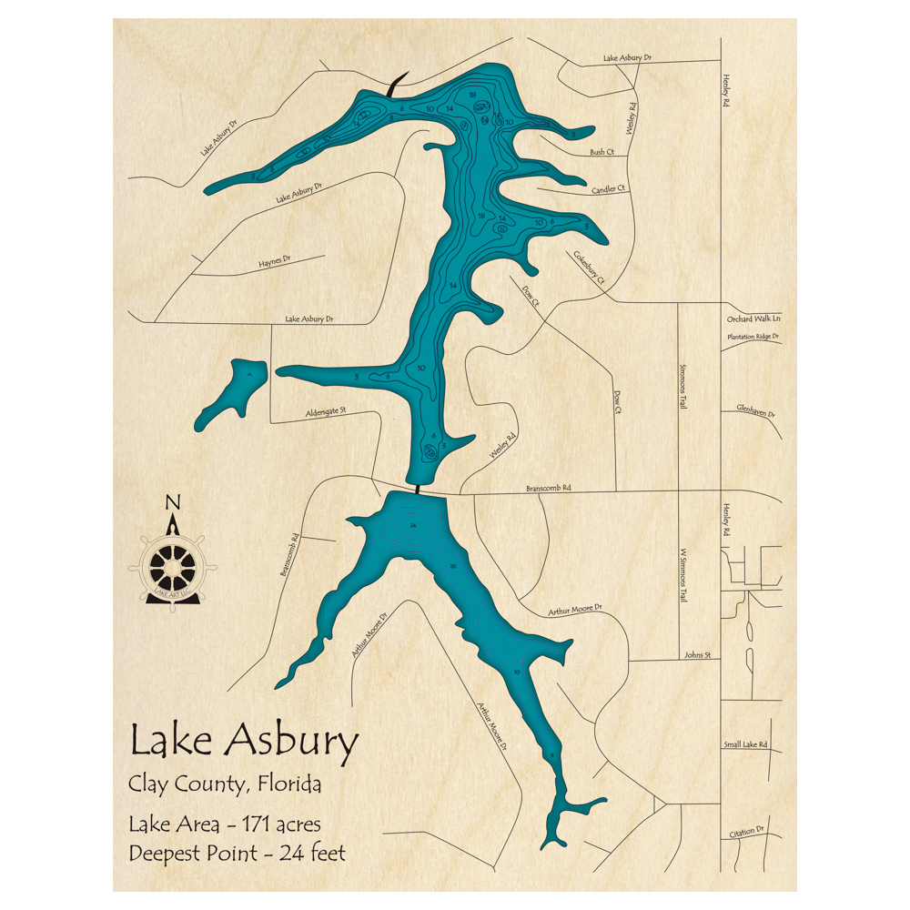 Asbury Lake, Florida 3D Custom Wood Map – Lake Art LLC
