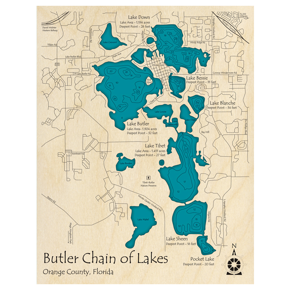 Butler Chain of Lakes, Florida 3D Custom Wood Map – Lake Art LLC