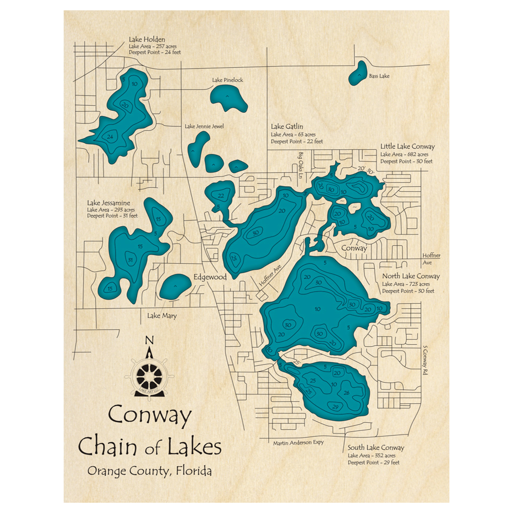 Conway Chain of Lakes, Florida 3D Custom Wood Map – Lake Art LLC