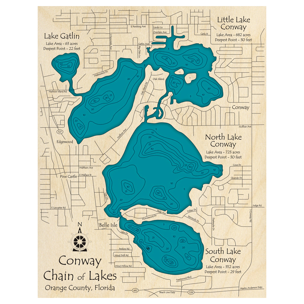 Conway Chain of Lakes, Florida 3D Custom Wood Map – Lake Art LLC