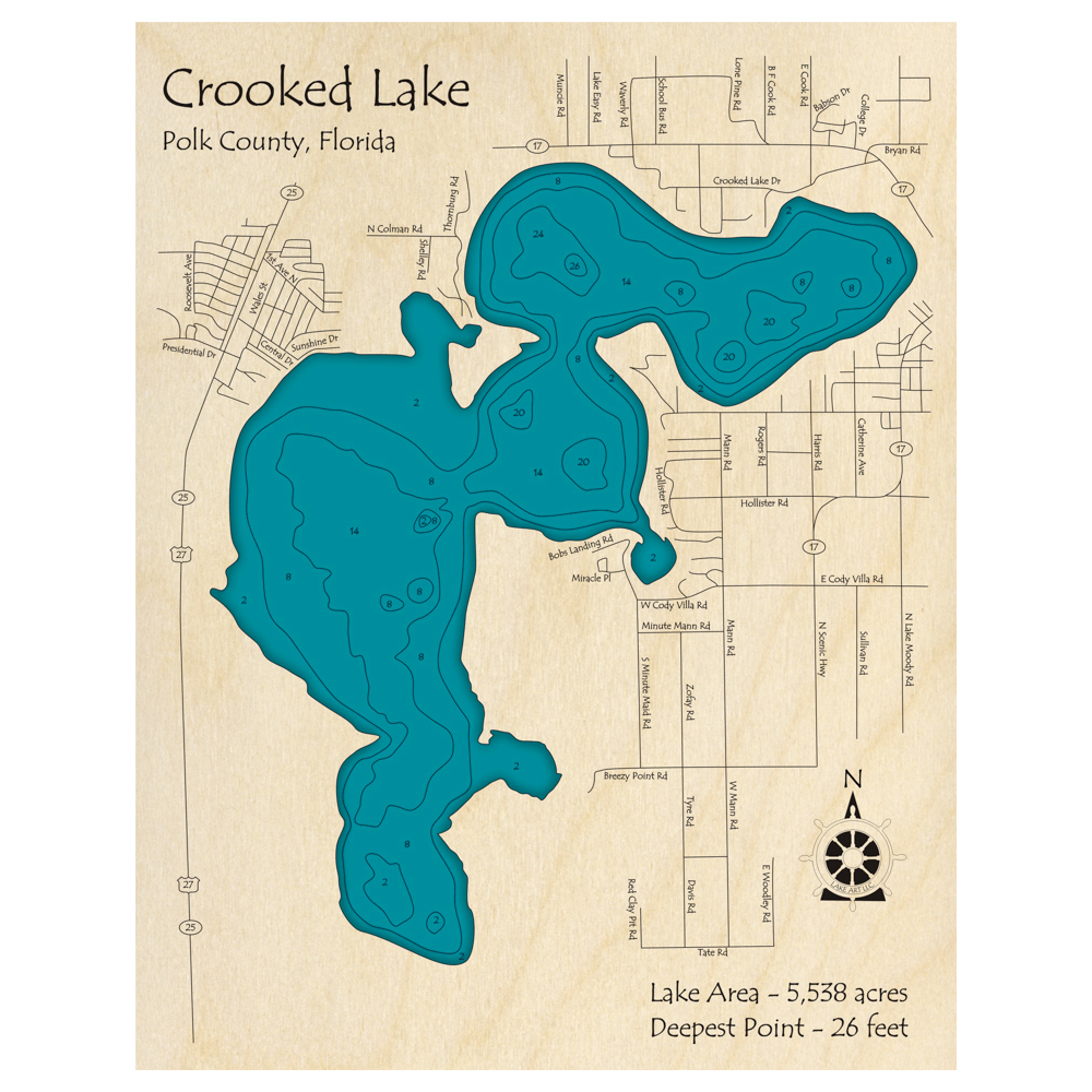Crooked Lake, Florida 3D Custom Wood Map – Lake Art LLC