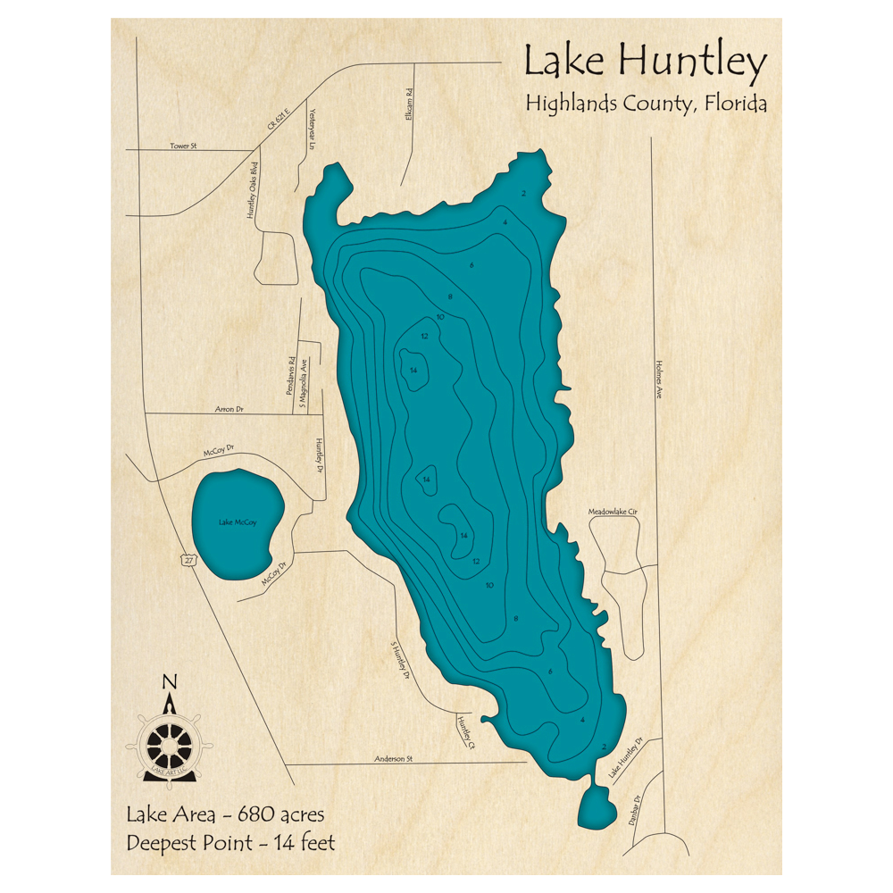 Lake Huntley, Florida 3D Custom Wood Map – Lake Art LLC