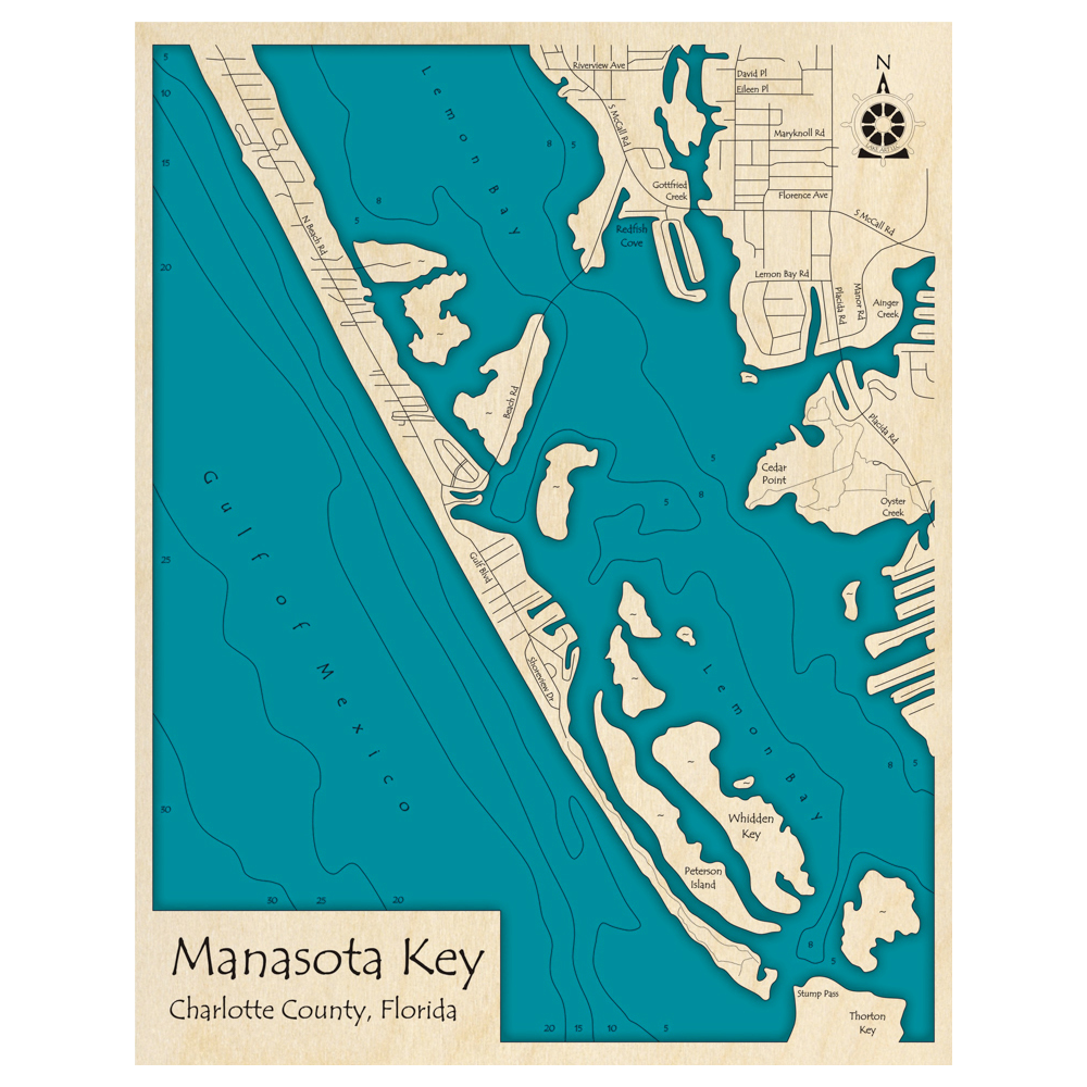 Southern Manasota Key and Lemon Bay, Florida 3D Custom Wood Map – Lake ...