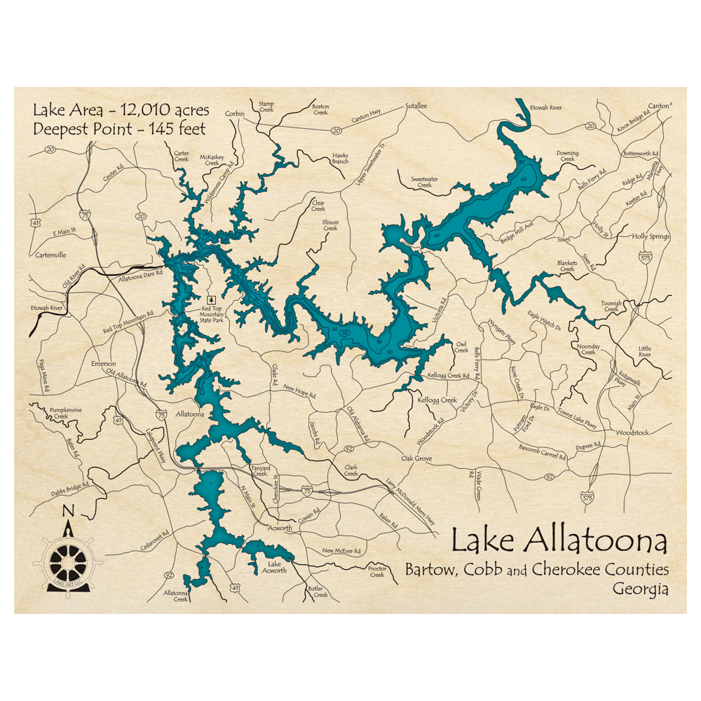 Lake Allatoona, Georgia 3D Custom Wood Map – Lake Art LLC
