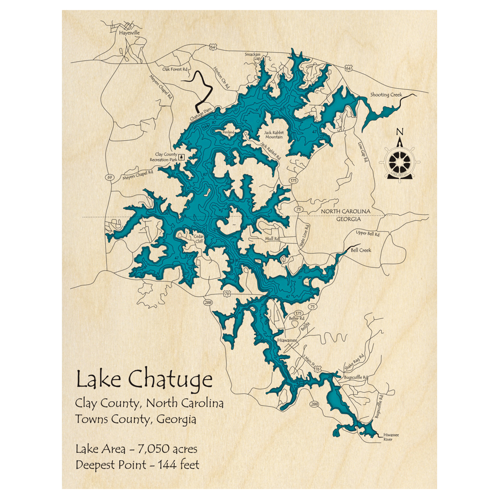 Lake Chatuge (GA, NC) 3D Custom Wood Map – Lake Art LLC