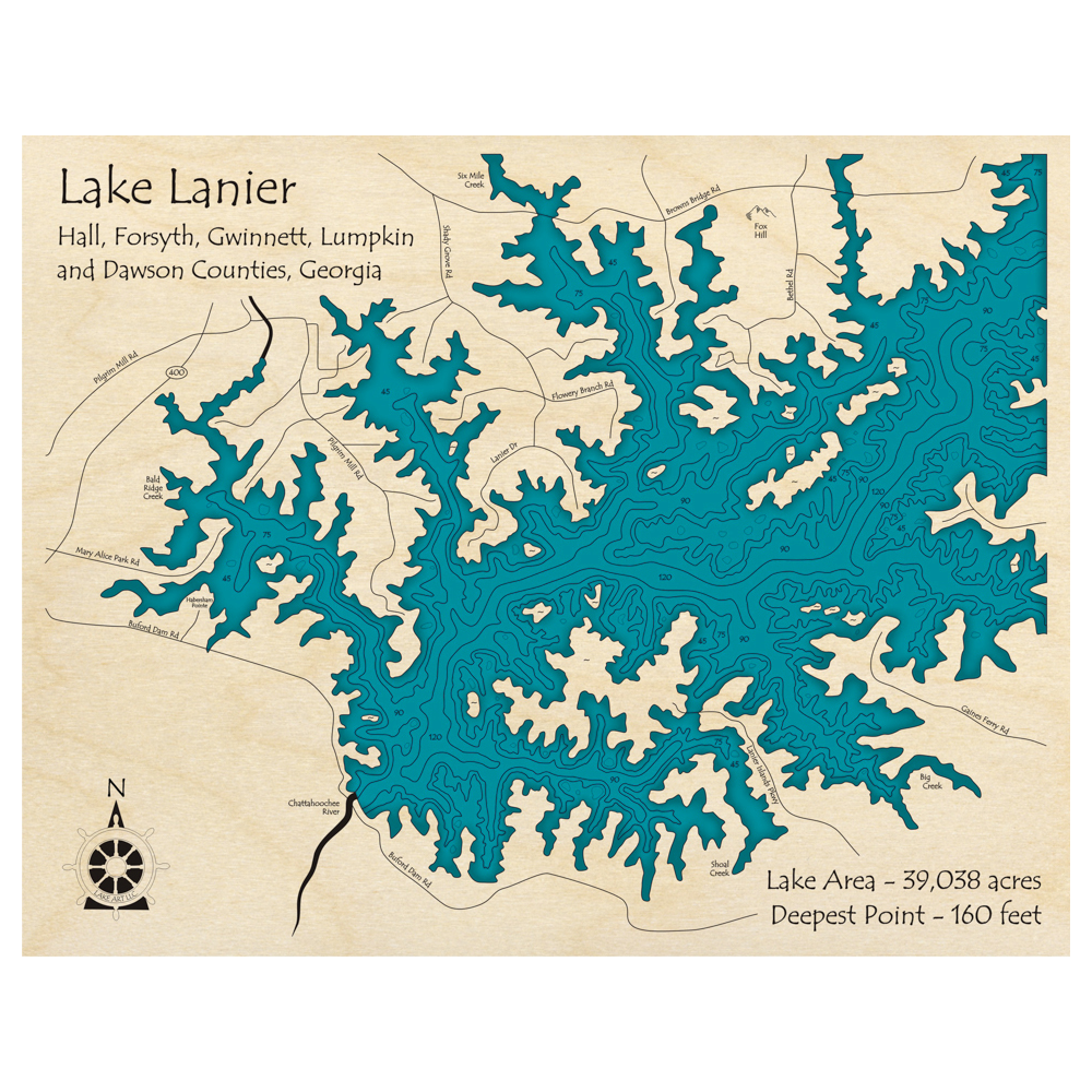 Lake Lanier, Georgia 3D Custom Wood Map – Lake Art LLC