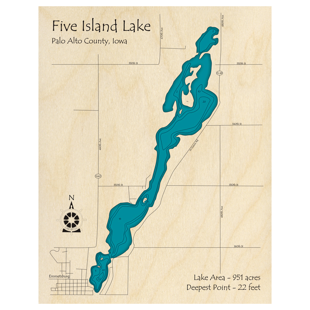 Five Island Lake, Iowa 3D Custom Wood Map – Lake Art LLC