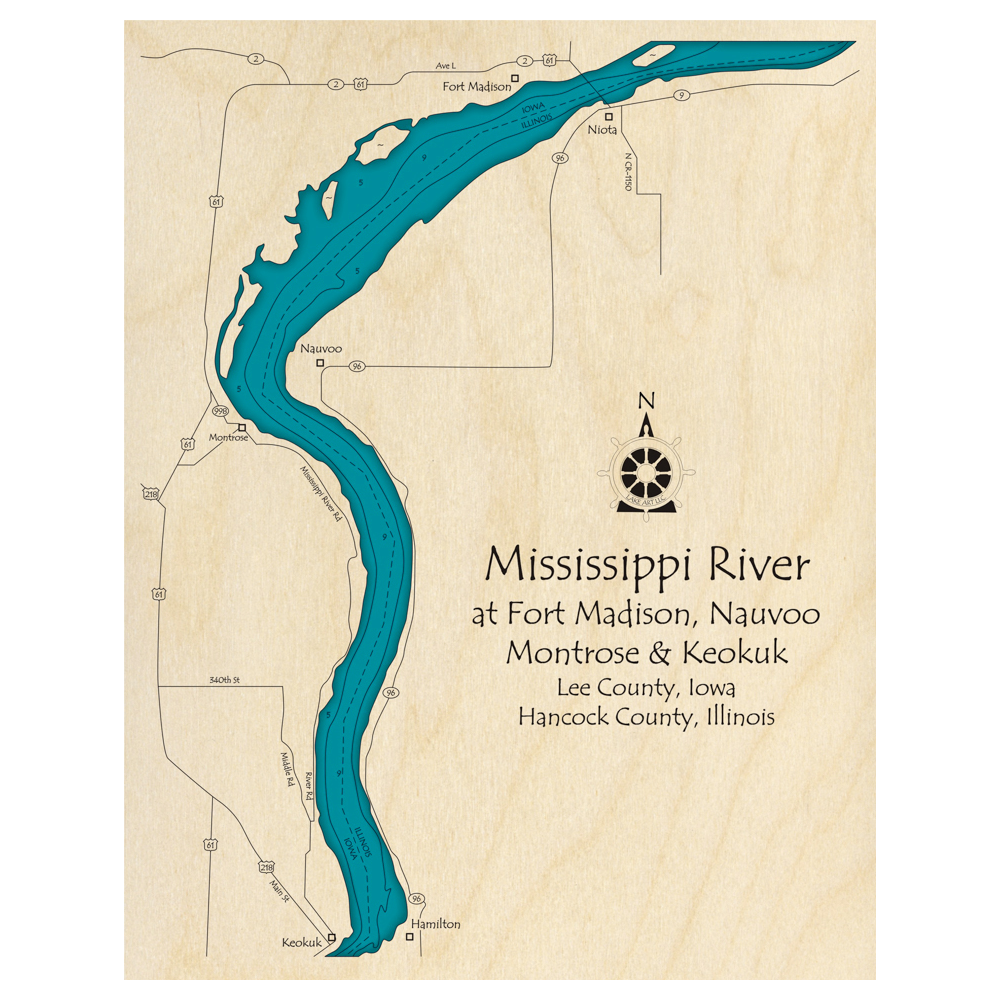 Mississippi River (IA, IL) 3D Custom Wood Map – Lake Art LLC