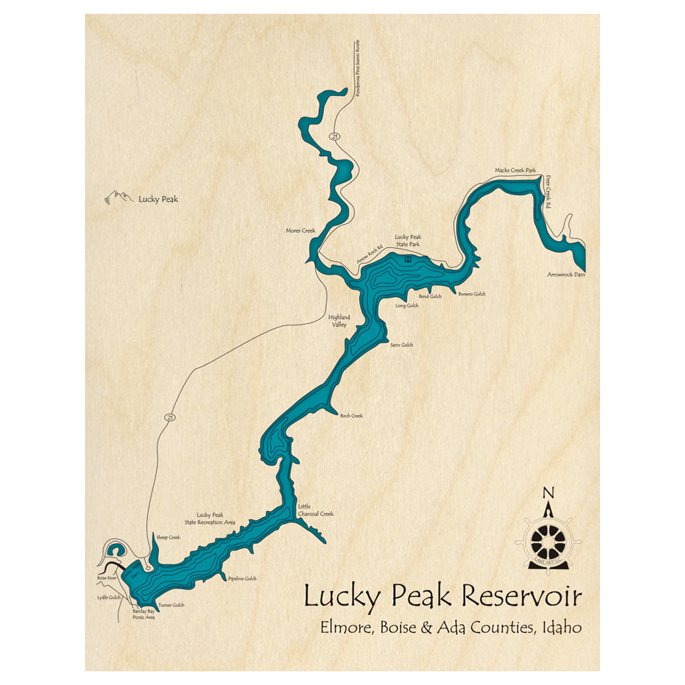 Lucky Peak Reservoir, Idaho 3D Custom Wood Map – Lake Art LLC