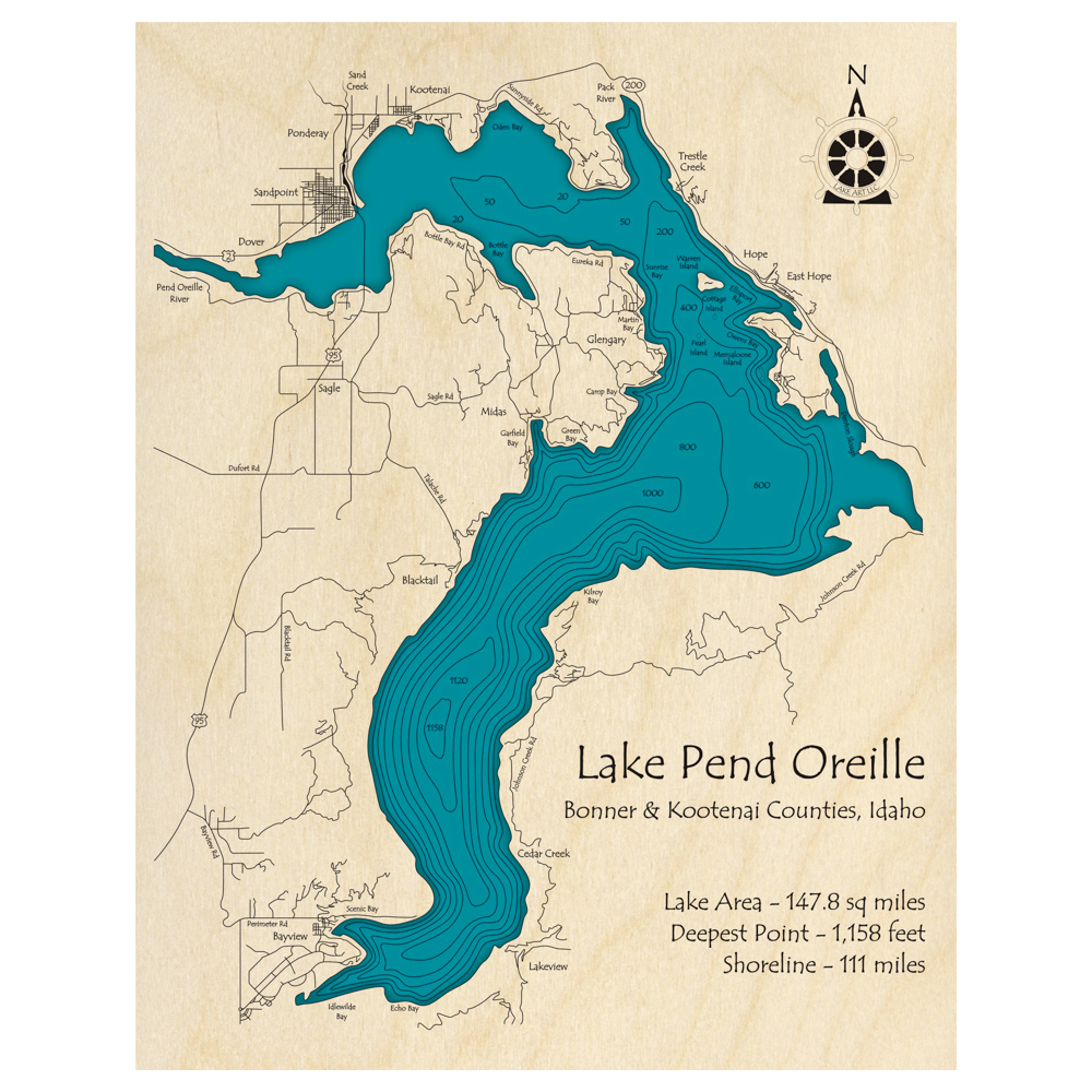 Lake Pend Oreille, Idaho 3D Custom Wood Map – Lake Art LLC
