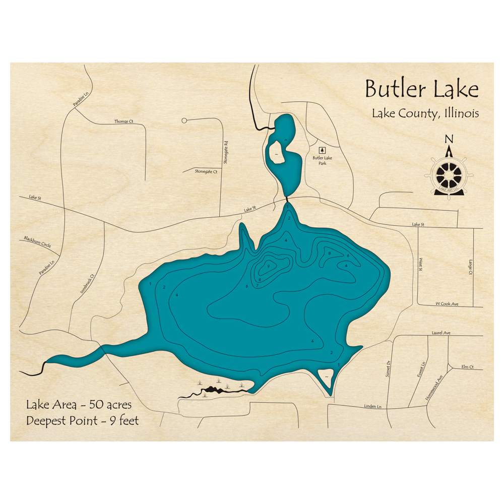 Butler Lake, Illinois 3D Custom Wood Map – Lake Art LLC
