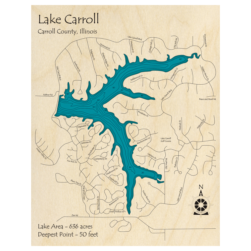Lake Carroll, Illinois 3D Custom Wood Map – Lake Art LLC