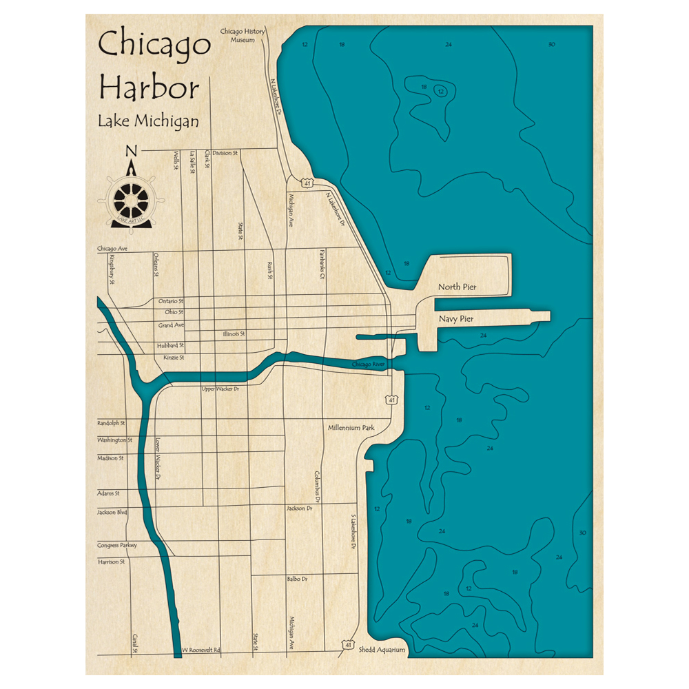 Chicago Harbor, Illinois 3D Custom Wood Map – Lake Art LLC
