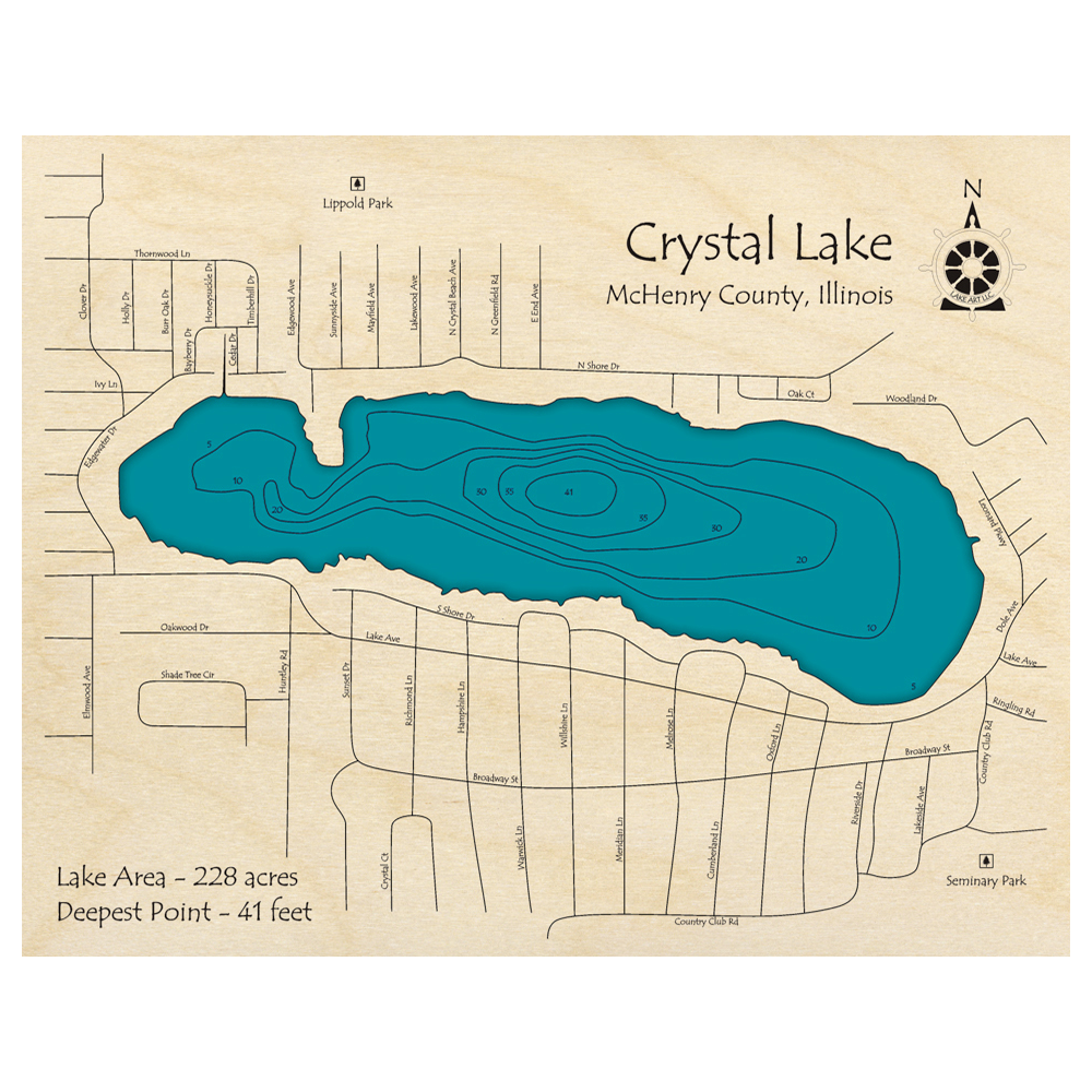 Crystal Lake, Illinois 3D Custom Wood Map – Lake Art LLC