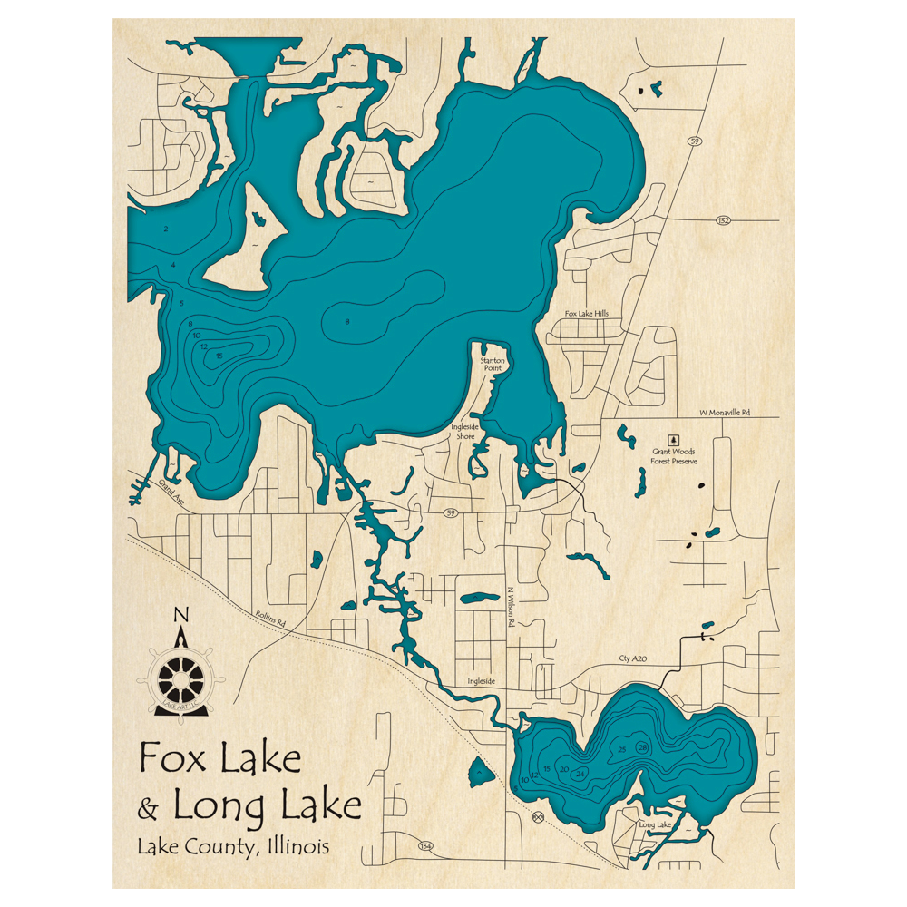 Fox Lake and Long Lake, Illinois 3D Custom Wood Map – Lake Art LLC