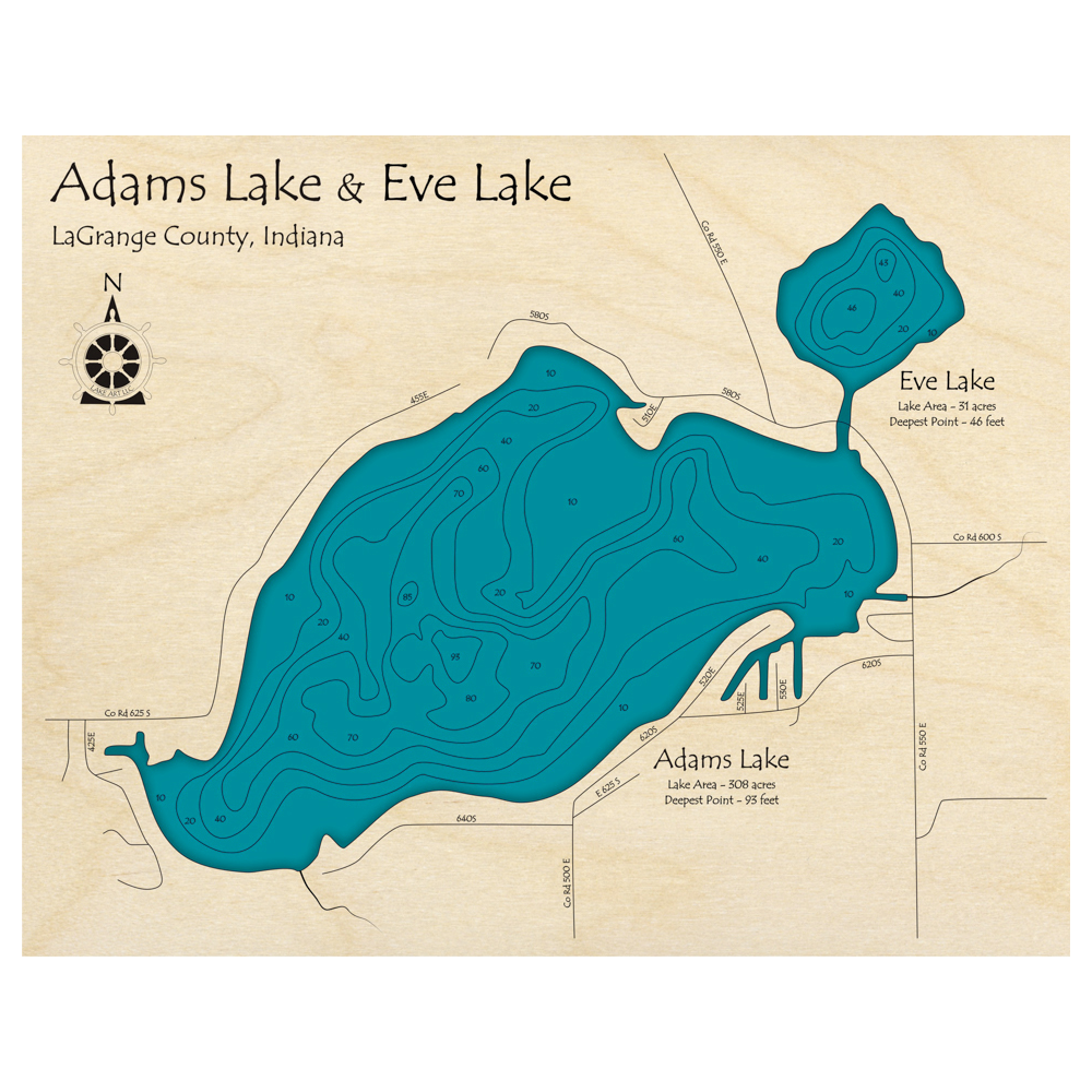 Adams Lake, Indiana 3D Custom Wood Map – Lake Art LLC