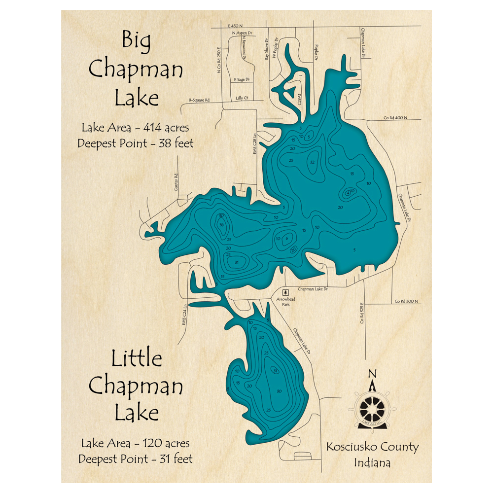 Big and Little Chapman Lakes, Indiana 3D Custom Wood Map – Lake Art LLC