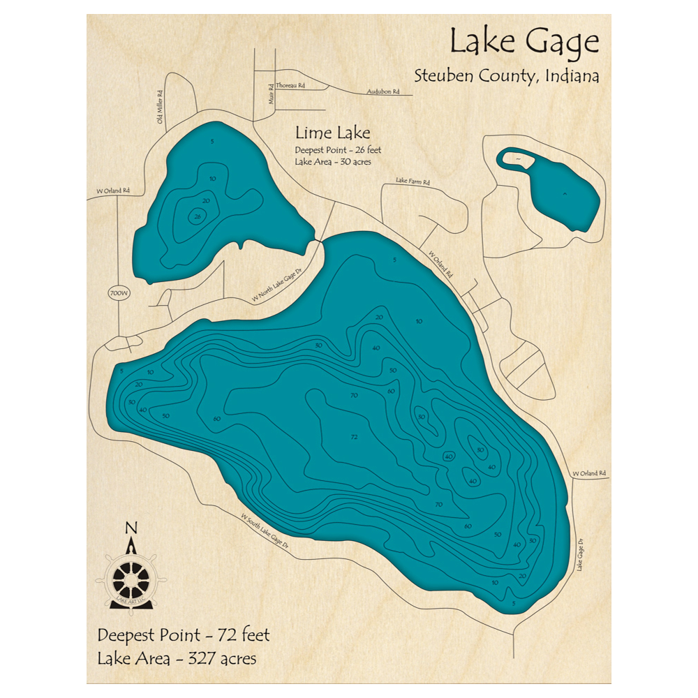 Lake Gage, Indiana 3D Custom Wood Map – Lake Art LLC