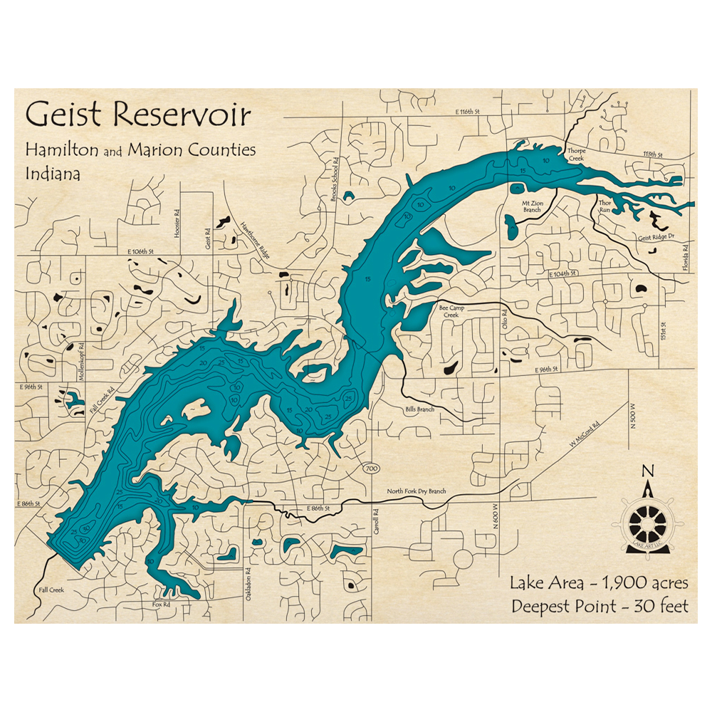 Geist Reservoir, Indiana 3D Custom Wood Map – Lake Art LLC