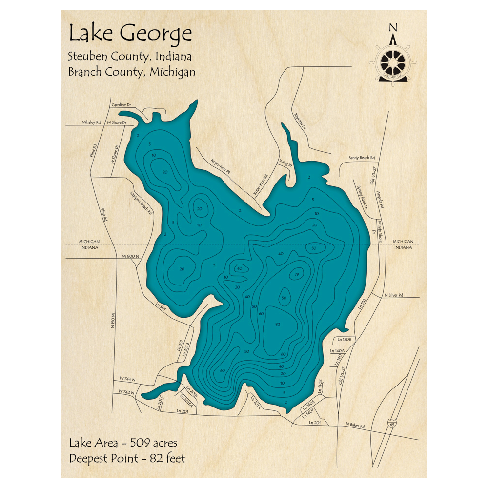 Lake George (IN, MI) 3D Custom Wood Map – Lake Art LLC